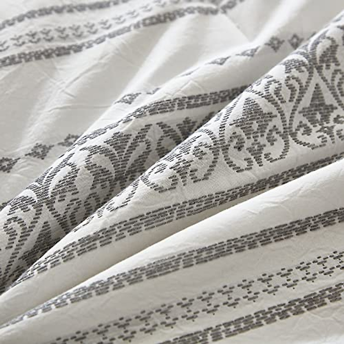MOVE OVER Gray Jacquard Comforter Set Boho Comforter Set Queen 300TC 100% Yarn Dyed Cotton Bohemian Paisley Flower Design Boho Textured Stripes Jacquard Tufted Comforter Set
