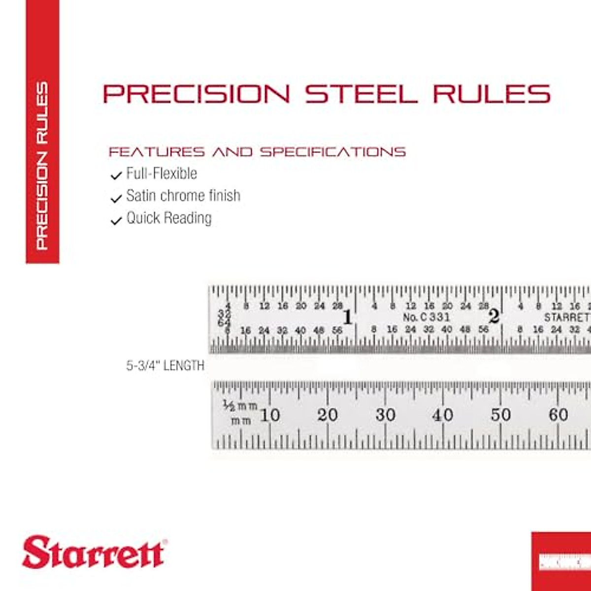 Starrett Full Flexible Steel Rule with Satin Chrome Finish, Quick Reading, Millimeter and Inch Graduations - 5-3/4 Inch Length, 31 Graduation Type, 0.4mm Thickness - C331-150