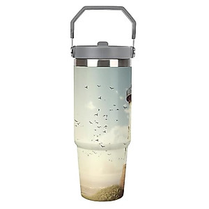 BWQJKUO Large Capacity Car Cup 30 Oz Stainless Steel Old Lighthouse Printed Travel Mug Leak-proof Flip Straw Tumbler with Handle,keeps Cold Or Ho