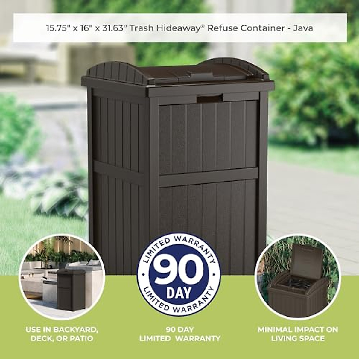 Suncast 33 Gallon Durable Plastic Hideaway Outdoor Garbage Can with Secure Lid and Wicker Design for Home Backyards, Decks, or Patios, Java Brown