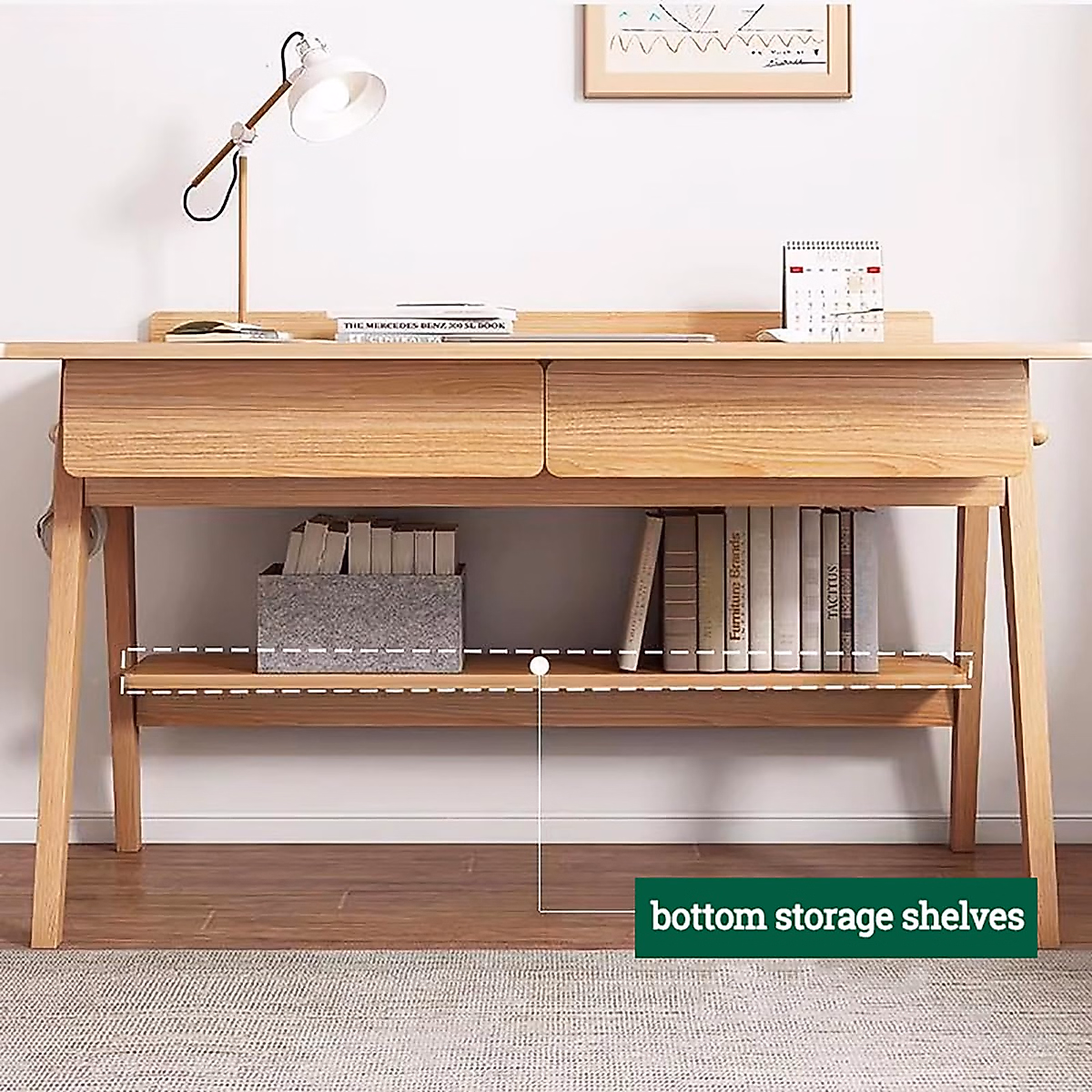 Topjia Modern Natural Wood Desk,Wood Home Office Desk with Drawers & Shelves,Writing Desk Workstation,Simple Study Desk Table Computer Desk - Only Desk(39inch, Natural)