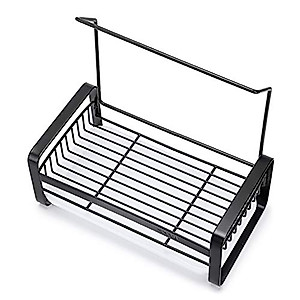 JUXYES Stainless Steel Sponge Holder with Dishcloth Drying Rack, Kitchen Sink Organizer Caddy Tray Sponge Brush Soap Holder with Removable Drain Tray for Kitchen (L, Black)