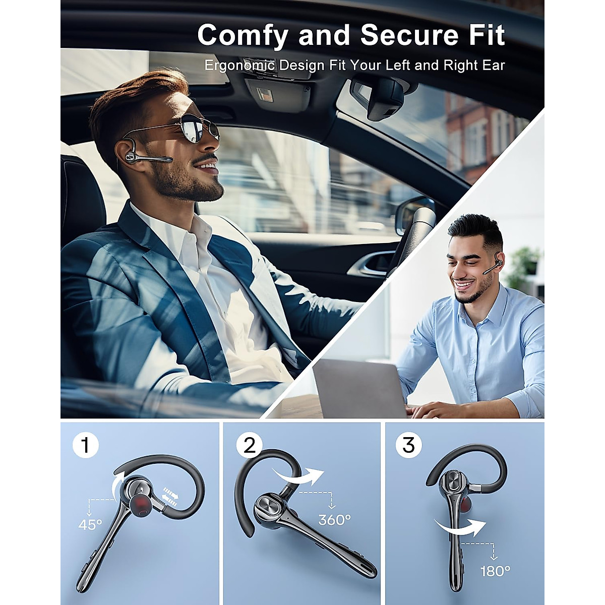 Earbuds Wireless Earpiece Bluetooth Headset with Noise Canceling Mic 160H Standby Time Hands Free Earphones Single Ear Headphone for iphone Android Samsung Cell Phones PC TV Computer Game Trucker Work