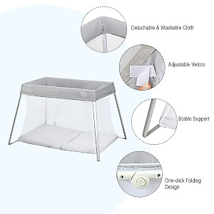 HONEY JOY Baby Travel Crib, Portable Pack and Play Travel Bassinet with Carry Bag, Lightweight Baby Playpen w/Washable Mattress, Side Zipper Door, Large Foldable Play-Yard for Infant Boy Girl (Sliver)