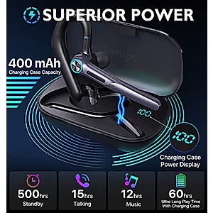 Eumspo Headset Wireless Earpiece 60Hrs Playback Built-in Dual Mic Noise Canceling Wireless Headset Earphone with 400mAh LED Charging Case for Business Office Trucker, Black