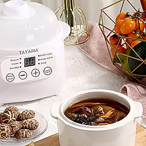 TAYAMA 1 Qt. White Mini Ceramic Stew Cooker with Pre-Settings and Built-In Timer, Small