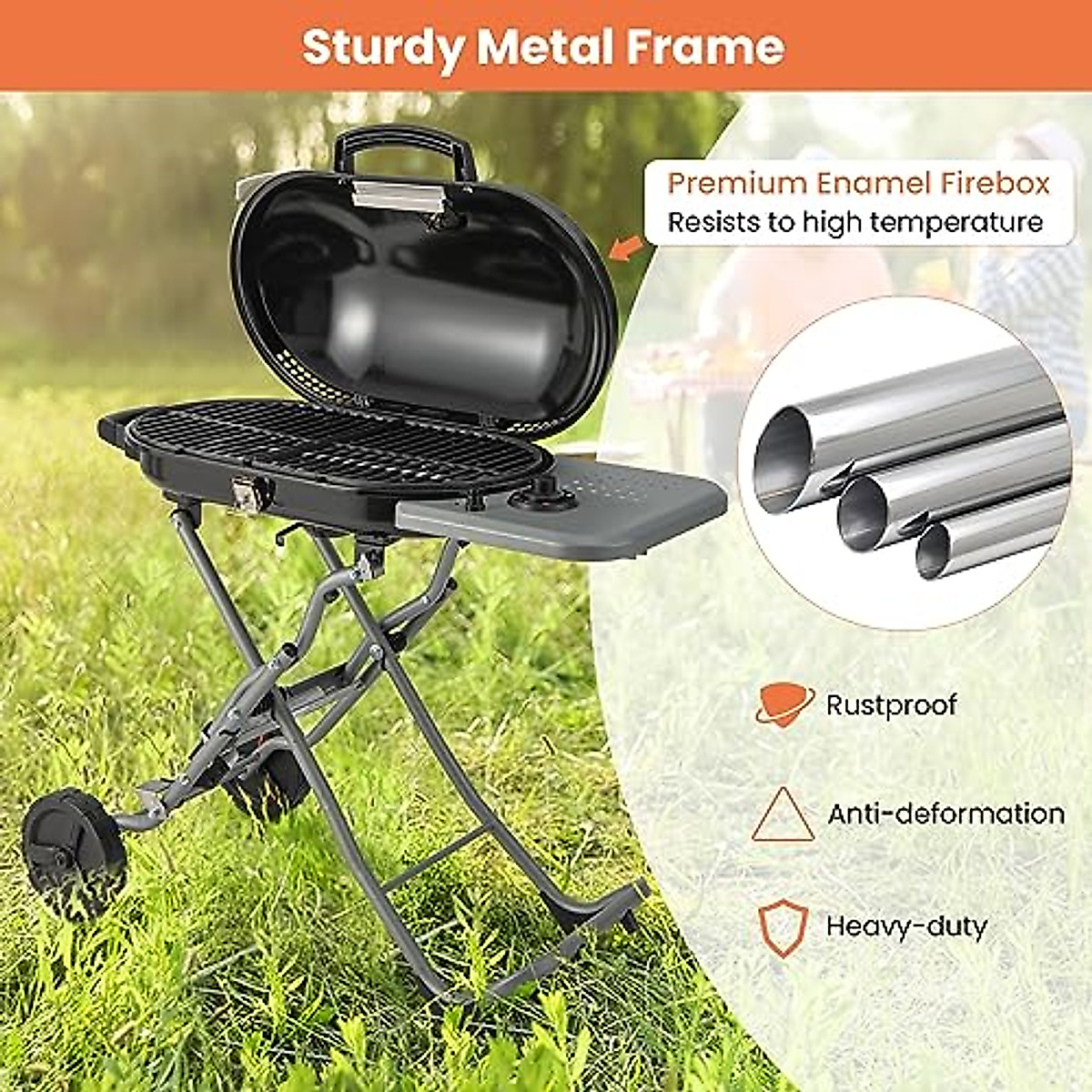 Giantex Gas Grill, Portable Propane Grill with 15,000 BTUs Burner, Side Table, 2 Wheels, Grease Tray, Metal Frame, Folding Stand-Up Propane Gas Grill for Outdoor Cooking Camping Barbecue (Black)