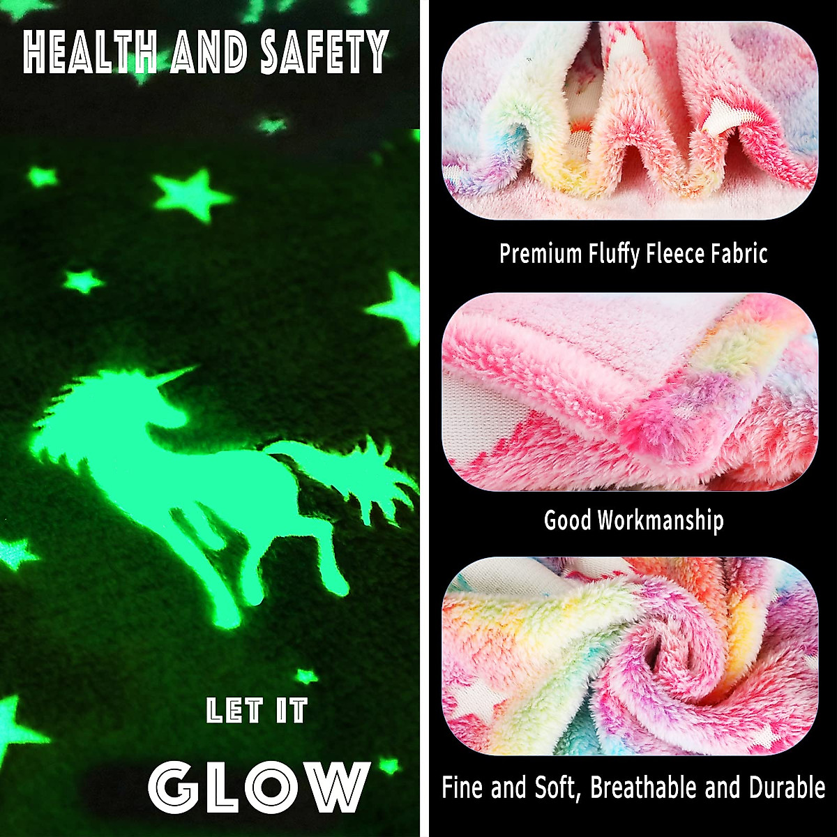 Glow in The Dark Blanket Unicorn Gifts for Kids Girls Teen Birthday Christmas Halloween Present Light Up Rainbow Unicorn Toy Bedroom Bed Decor Fun Soft Fluffy Plush Glowing Throw Pink 50"x60"