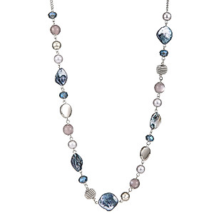 FULU AUTUMN Long Beaded Necklaces for Women Silver Link Chain Necklace with Shell Crystal Beads, Party Gifts for Her(Blue)