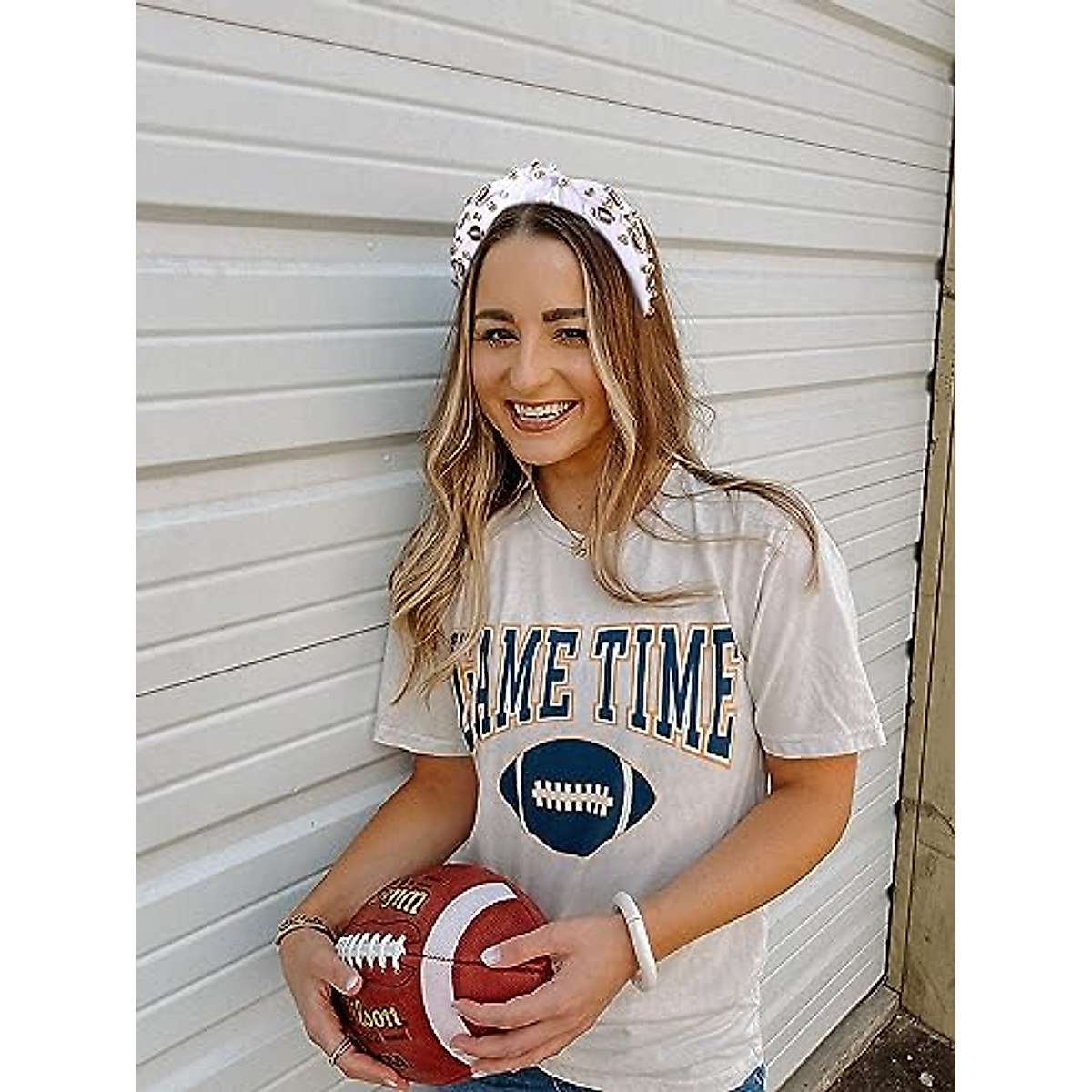 Football Headband Pearl Rhinestone Jeweled Knotted Headband Fun Sports White Hot Pink Black Blue Football Embellished Wide Top Knot Hairband Headpiece Game Day Sports Hair Accessories Gift for Football Mom Fans (white football headband)