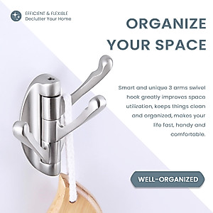 Suyar Brushed Nickel Bathroom Towel Hook, Solid Metal Robe Holder 3 Swivel Foldable Arms, Flexible Rotating Towel Hook for Hanging Coat Clothes, Wall Mounted