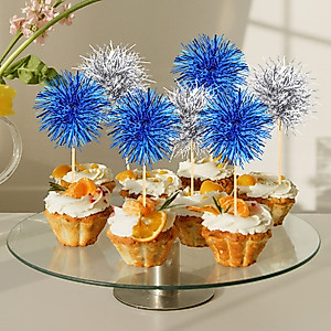 Chinco 100 Pcs Foil Firework Cupcake Toppers Sparkle Tinsel Cake Toppers Cake Decoration Cocktail Fruit Toothpick for Birthday Wedding Graduation Party(Silver, Blue)