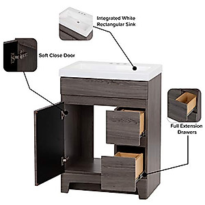 Spring Mill Cabinets Muriel Bathroom Vanity with 1-Door Cabinet, 2 Drawers, and White Single-Sink Top, 24.5" W x 16.75" D x 33.89" H, Dark Oak