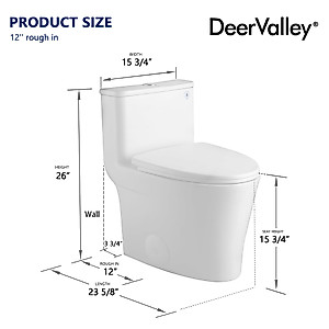 DeerValley DV-1F52807 Symmetry One Piece Toilet Elongated, Small Toilet Compact Modern One Piece Toilet with Soft Close Toilet Seat Ceramic Glossy White Toilets Single Flush for Small Bathroom Space
