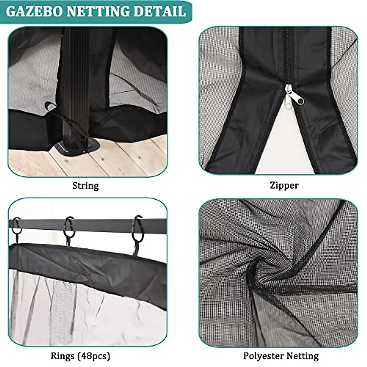 DURCOVER 10x10ft Universal Replacement Mosquito Netting, Universal Gazebo Netting with Zippers for Outdoor Garden Patio Gazebo 4-Panel Screen Sidewalls, Black (Mosquito Net Only)