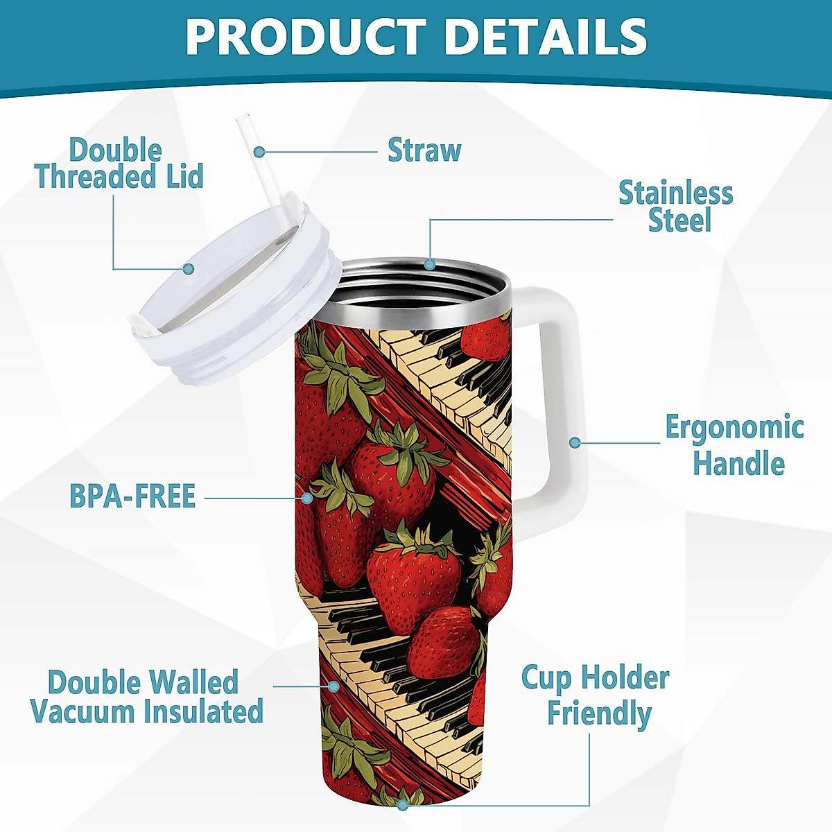 ALAZA Vintage Strawberries Piano Keys Music 40 oz Tumbler Water Bottle with Straw Lid and Handle,Reusable Insulated Stainless Steel Cup for Women Men Travel Car Cup Holder
