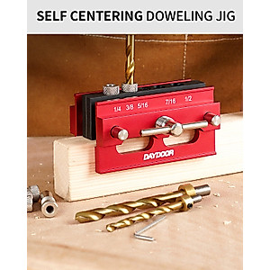 DAYDOOR Self Centering Doweling Jig, Adjustable Width Dowel Jig for Straight Holes, Biscuit Joiner Set with 6 Bushings and 3 Drill Bits(Red)