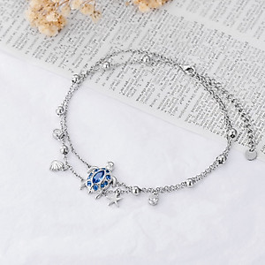 Shusukue Sea Turtle Bracelet 925 Sterling Silver Turtle Layered Bracelet with Shell Starfish Adjustable Crystal Bracelet Ocean Beach Hand Accessory Jewelry for Women 7+2 Inch