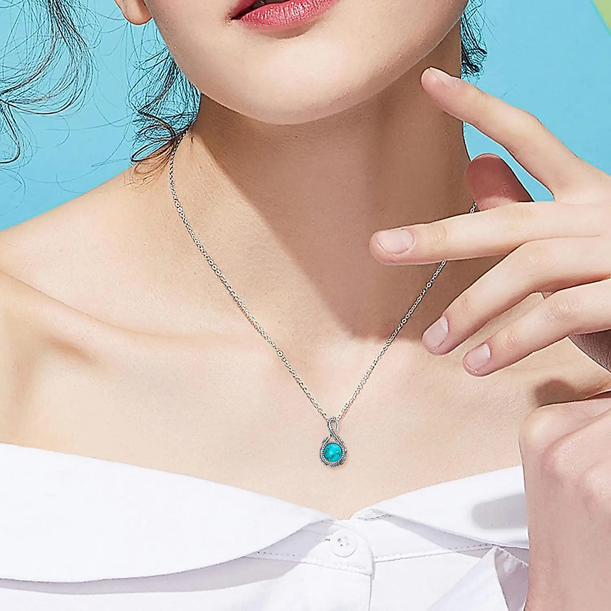 BETHZA Natural Turquoise Necklace for Women 925 Sterling Silver Oxidized Genuine Gemstone Infinity Feather Pendant Western Jewelry Gifts for Birthday Christmas