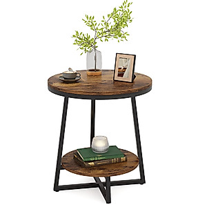 Tribesigns Round End Table Set of 2, 2 Tier Side Table with Storage Shelf, Industrial Nightstand Bedside Table Coffee Accent Table for Living Room Small Space, Rustic Brown