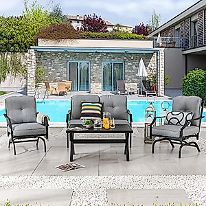 LOKATSE HOME 4 Pieces Outdoor Conversation Furniture Bistro Metal Seating Patio Armchairs Loveseat Set with Cushion & Coffee Table, 4 pcs Chair, Grey