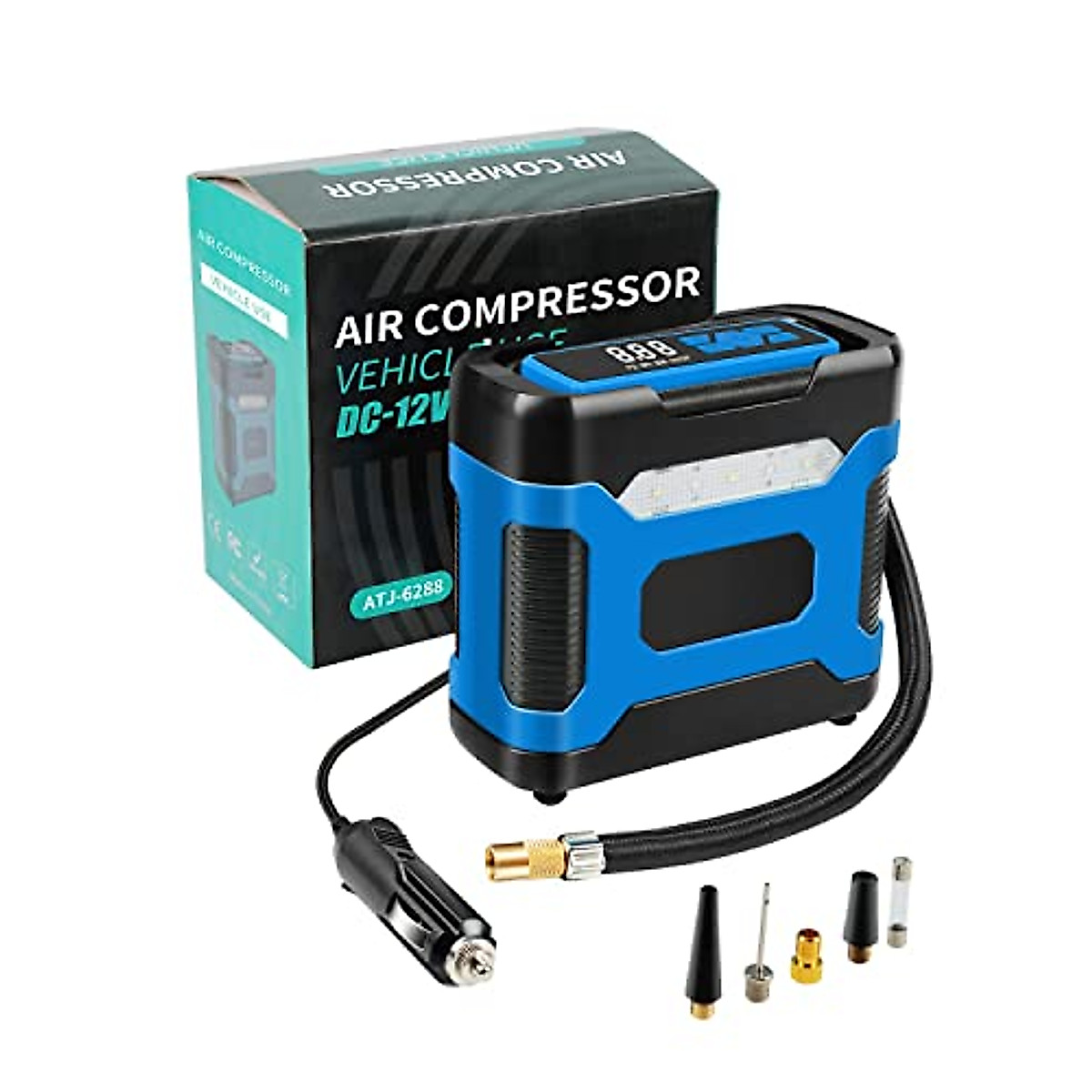 Tire Inflator Portable Air Compressor, Air Pump for Car Tires 12V DC Car Tire Pump with Digital Pressure Gauge, 150PSI Car Air Pump with Emergency LED Light for Cars, Bikes, Balls, and Others - Blue