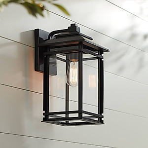 John Timberland North House Mission Traditional Outdoor Wall Light Fixture Matte Black Metal 16" Clear Glass Shade for Exterior House Porch Patio Outside Deck Garage Yard Front Door Garden Home