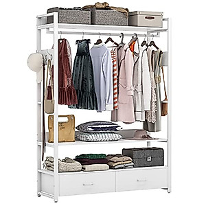 Tribesigns Freestanding Clothes Rack Shelves, Closet Organizer with Shelves Drawers and Hooks, Heavy Duty Garment Clothing Wardrobe Storage Shelving with Hanging Rod (White)