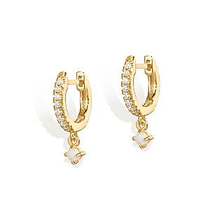 PAVOI 14K Gold Plated 925 Sterling Silver Post Huggie With Dangle | Small Gold Hinged Hoop Earrings For Women | Trendy Hoop CZ Huggie Earrings (Opal, Yellow)