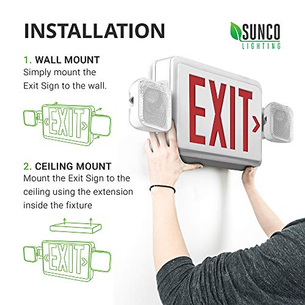 Sunco Lighted Exit Signs for Business with Battery Backup, Emergency LED Exit Light Combo, 120-277V Double Sided with Two LED Flood Lights, Fire Resistant UL 94V-0, Commercial Grade 6 Pack