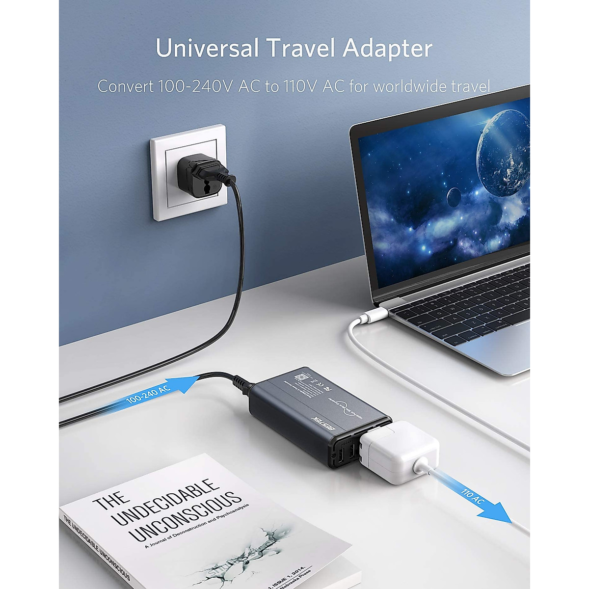 BESTEK Universal Voltage Converter, [Pure Sine Wave] Travel Power Converter Adapter for Hair Straightener/Curler, 100-240V to 110V Travel Adapter with Fast USB (Grey)