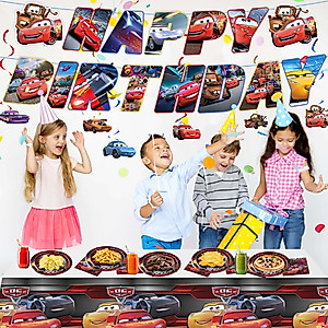48pcs Cars Birthday Party Supplies Include Banner, Hanging Swirls, Plates, Napkin, Tablecloth for Cars Party Favors, Cars Party Decorations, Sever 10