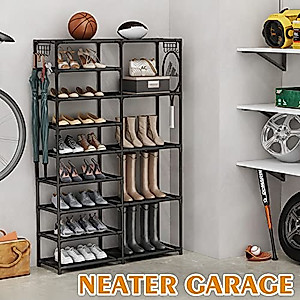 CSXGBAB Tall Shoe Rack, Garage Shoe Rack Large Capacity, Large Shoe Rack Two Rows Versatile Hooks, Shoe Rack Organizer, Big Shoe Rack Organizer Storage Boot Rack Shelf Black 24-35 Pairs