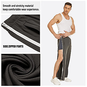 Deyeek Mens Tear Away Basketball Pants 2 Side Zippers Snap Off Full Open Down Sweatpants Leg Post Surgery Pant with Pockets Grey