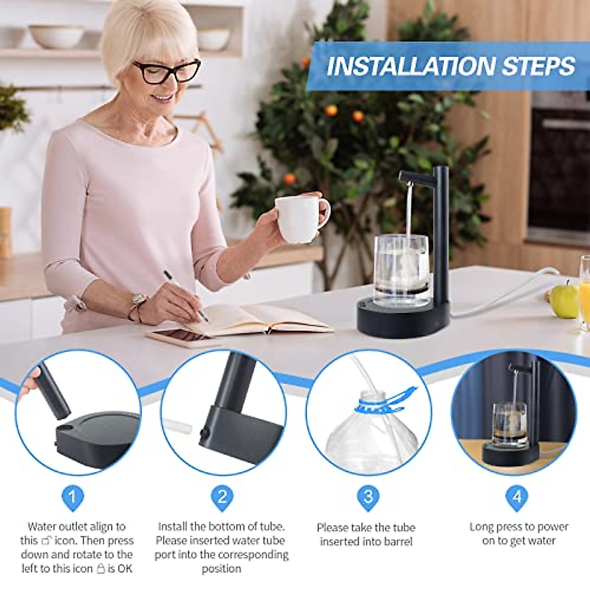 Keledz Desktop Water Bottle Dispenser, Smart Table Water Pump with 7 Level Quantitative Portable Detachable USB-C Charging for 5 Gallon Bottle, Application Home, Office, Camping, Travel (Dark Blue)