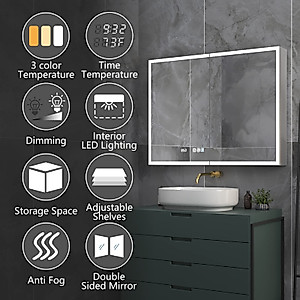 ExBrite Lighted Medicine Cabinet 40x30 Inch,Recessed or Surface led Medicine Cabinet, Clock&Room Temp Display,Defog,Stepless Dimming,Medicine Cabinet with Lights 3-Color Temper Chang, Outlets & USBs