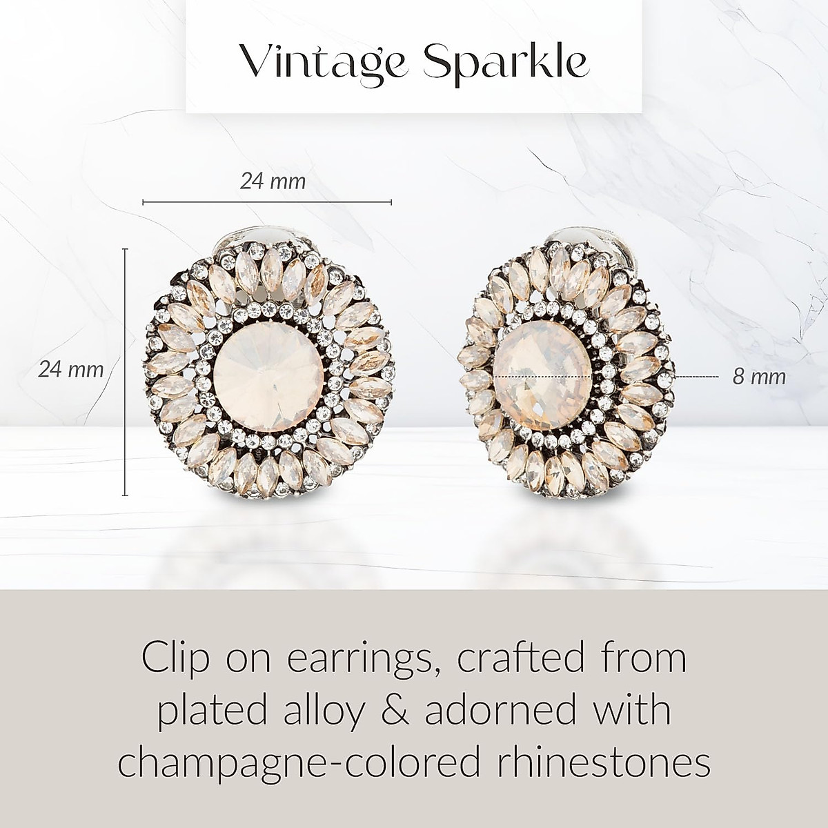 Badgley Mischka Antiqued Finish Round Champagne Rhinestone Clip On Earrings for Women