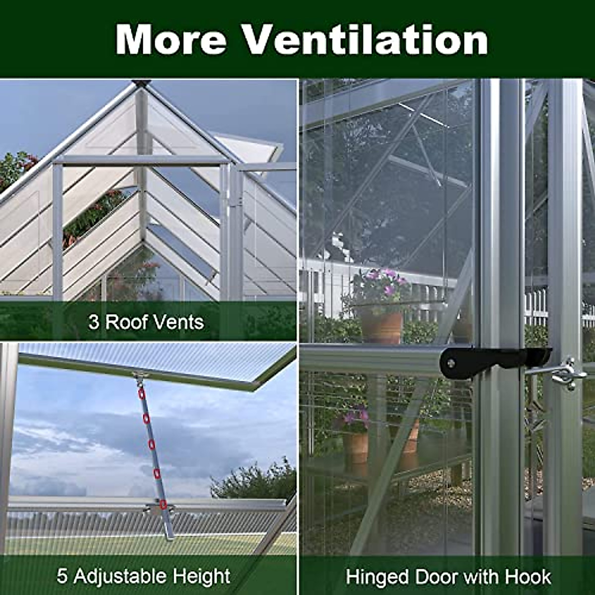 PAPAJET 6x12 FT Hybrid Polycarbonate Greenhouse 3 Vent Window with Lockable Hinged Door Walk-in Hobby Greenhouse Aluminum Hot House for Outdoor Garden Backyard Silver