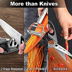 PrinChef Knife Set, 19 Pcs Rust Proof Knives Set for Kitchen, with Acrylic Stand, Sharpener, Scissors and Peeler, Stainless Steel knife sets with Black Coating, Nonstick and No Scratch