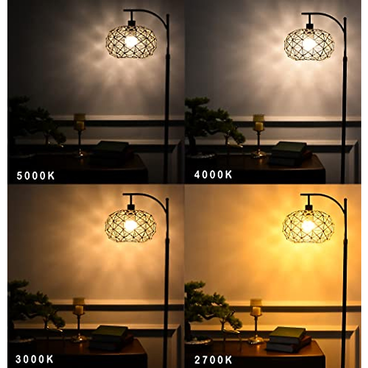 QIYIZM Rattan Floor Lamp with Remote for Living Room Bedroom Farmhouse Boho Dimmable Arc Standing Lamp Industrial Rustic Floor Light Adjustable Black Tall Lamp Corner Hand-Worked Wicker Lamp Shades