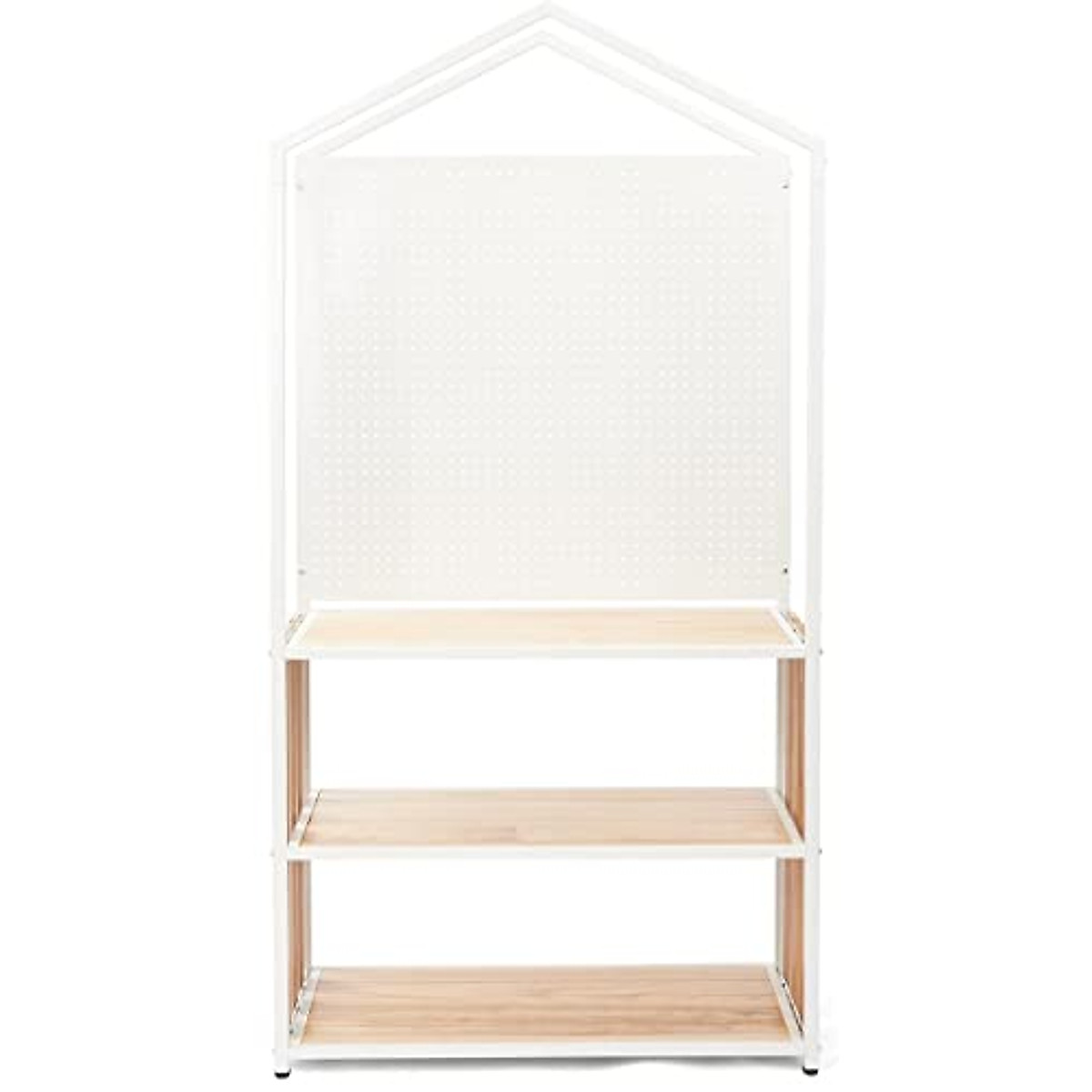 3 Tiered Shelving Display with Iron Frame, Pegboard Panel Shelving Unit, Paulownia Wood - Ivory