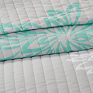 Comfort Spaces Enya Quilt Set - Casual Floral Print Channel Stitching Design, All Season, Lightweight Coverlet, Cozy Bedding, Matching Shams, Decorative Pillows, Full/Queen(90"x90"), Aqua 3 Piece