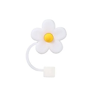 Beyonday Cute Silicone Straw Plug, Reusable Cartoon Pattern Plugs Cover, Drinking Dust Cap, Splash Proof Straw Tips, Cup Straw Accessories (White Flowers)