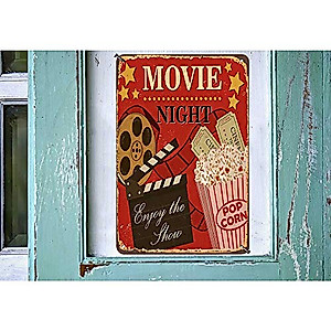 HOSNYE Movie Night Poster Tin Sign Enjoy The Show with Popcorn Red Background Vintage Metal Tin Signs for Men Women Wall Art Decor for Home Bars Clubs Cafes 8x12 Inch