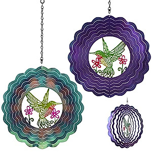 Glintoper 2 Pack Hummingbird Wind Spinners, 12 Inch Stainless Steel 3D Laser Cut Sun Catcher Metal Art, Indoor Outdoor Hanging Garden Decoration Colorful Crafts Ornaments Wind Spinner