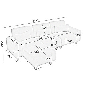 FREESNOOZE 84.6 inch Modern Teddy Sectional Sofa L-Shaped Couch with 3 Waist Pillows for Small Apartment, Bedroom, Spaces(Pink)