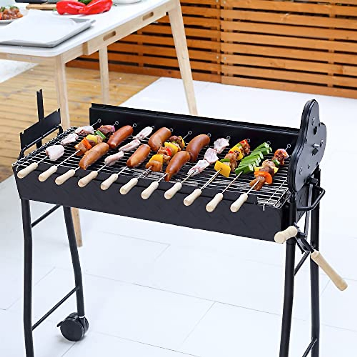 Outsunny Portable Charcoal BBQ Grills Steel Rotisserie Outdoor Cooking Height Adjustable with 4 Wheels Large/Small Skewers Portability for Patio, Backyard, Black