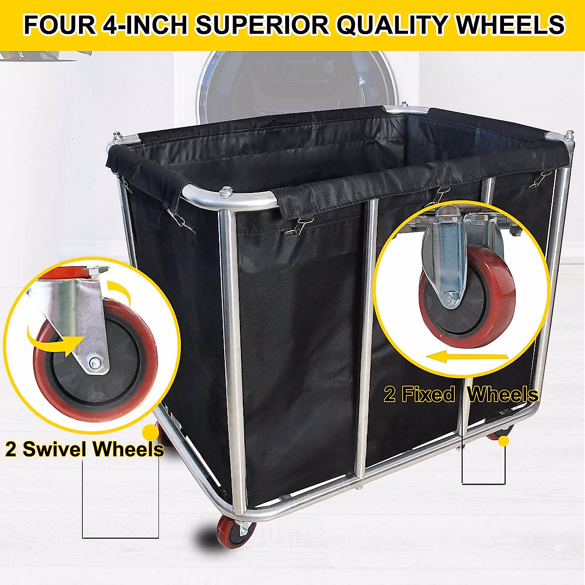 Commercial Large Stainless Steel Laundry Trolley Cart with Wheels - Heavy Duty Rolling Laundry Cart for Industrial/Home，10 Bushel,35.4" Lx25.6 Wx31.5 H (Black)