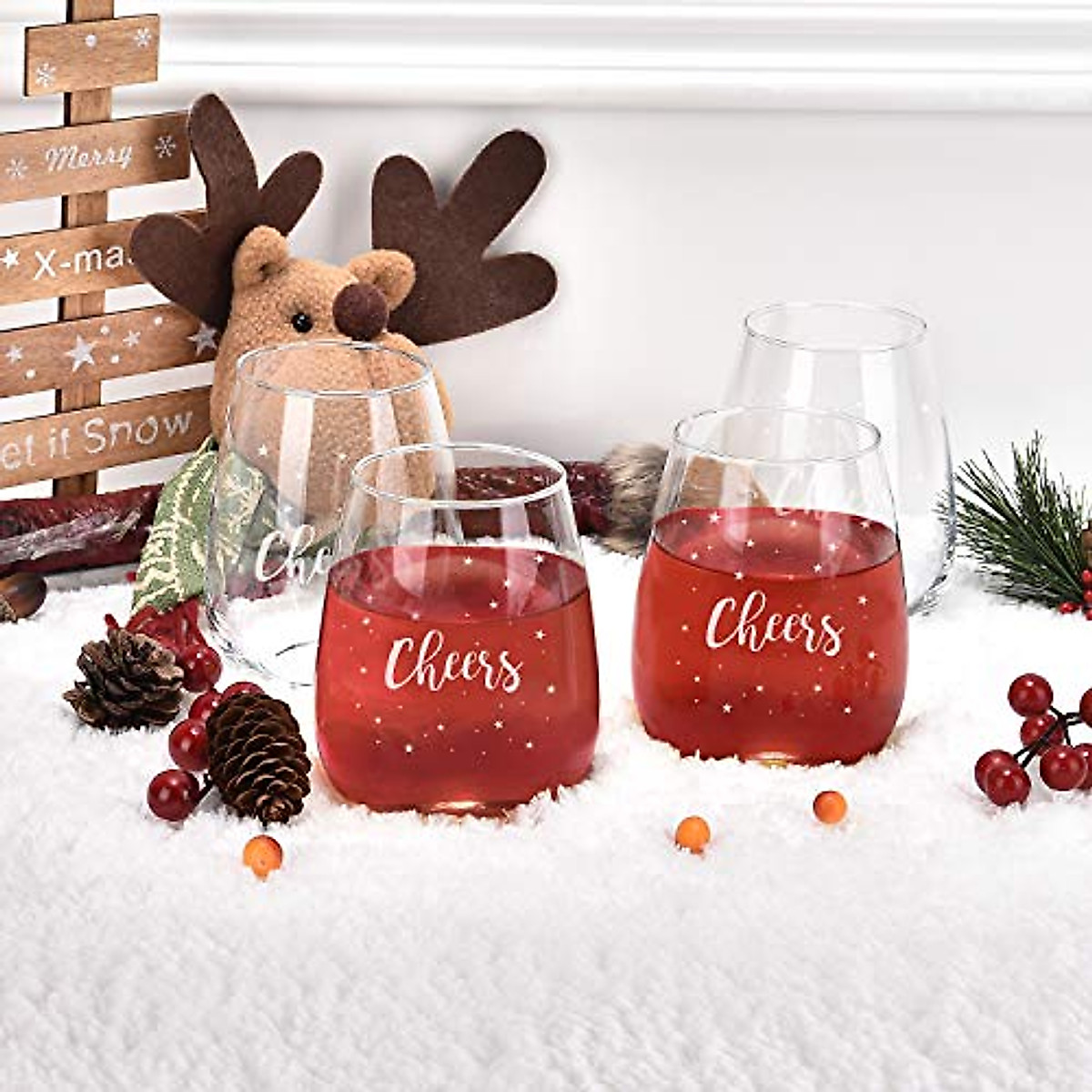 Christmas Gifts - Set of 4 Cheers Christmas Wine Glasses with White Stars, Christmas Wine Glasses for Home Xmas Festival Party Holiday Celebration Decoration, Ideal for Women Friends Men Family 15 Oz
