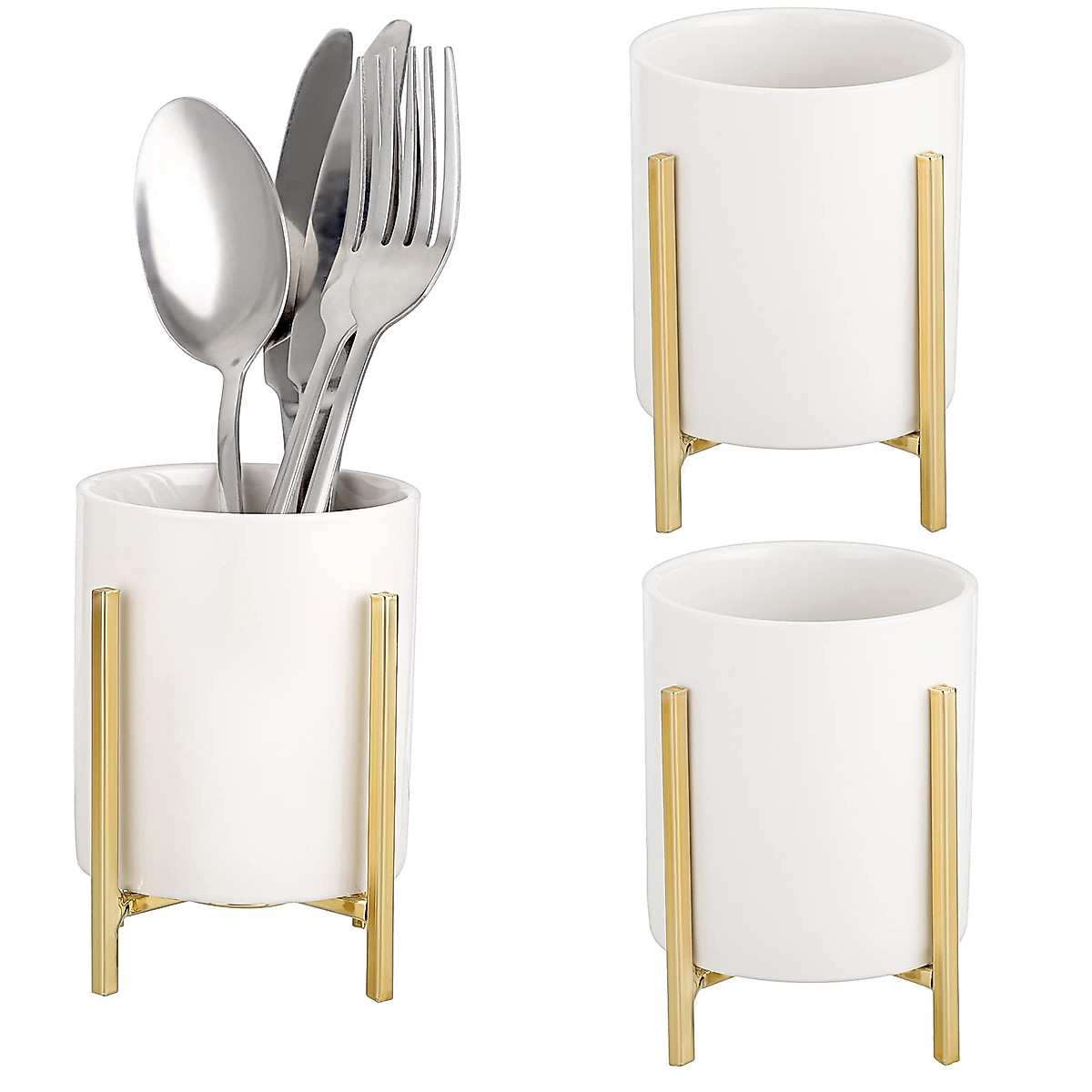 JUXYES Pack of 3 Ceramic Silverware Holder For Table Setting, White Cutlery Holder Holder With Golden Metal Bracket, Small Flatware Caddy Organizer Utensil Holder Organizer for Kitchen Dining Tables